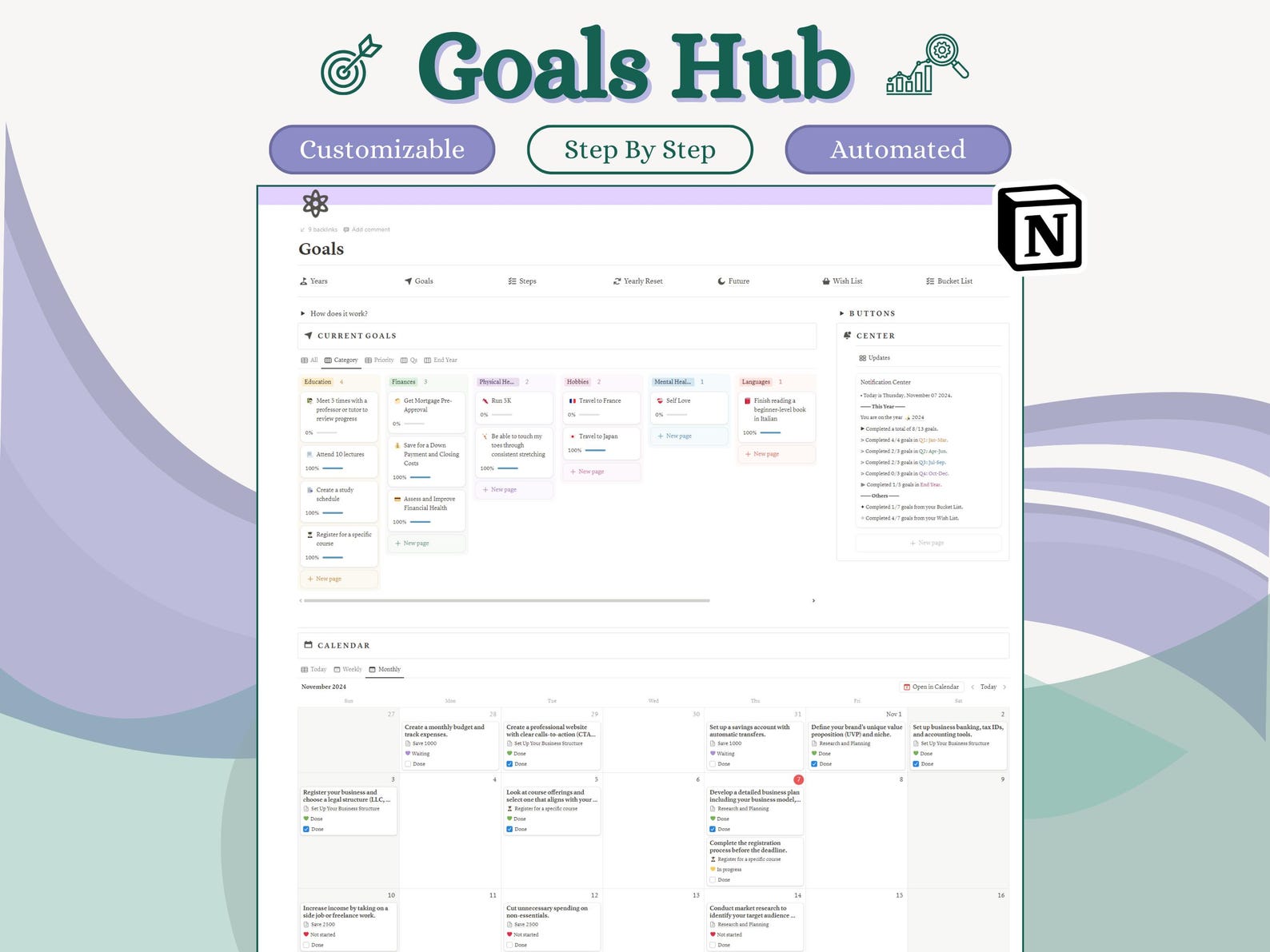 Goals Notion Template Goal Planner Quarter Goals Steps Review Wish List ...