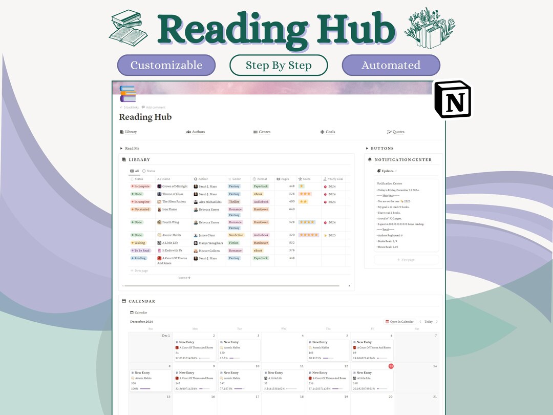 Reading Hub Notion Template Book Tracker Journal Readers Digital Book ...