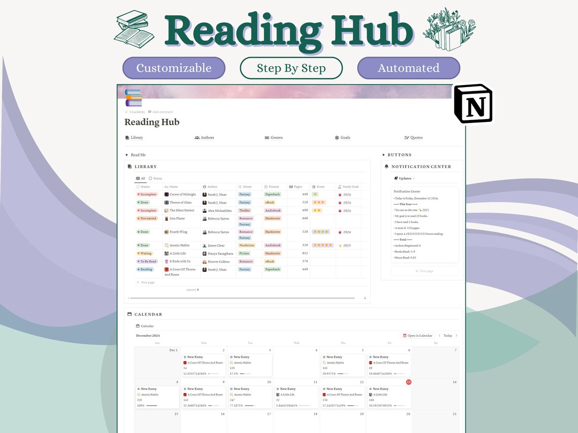 Reading Hub Notion Template Book Tracker Journal Readers Digital Book ...
