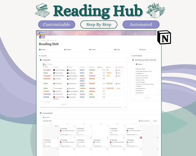 Reading Hub Notion Template Book Tracker Journal Readers Digital Book ...