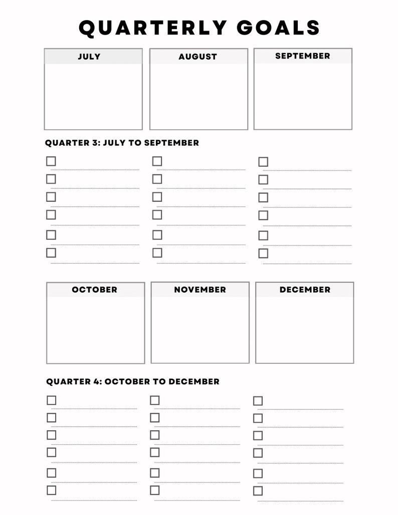 Quarterly Goals Planner, Year at a Glance, Printable and Fillable ...