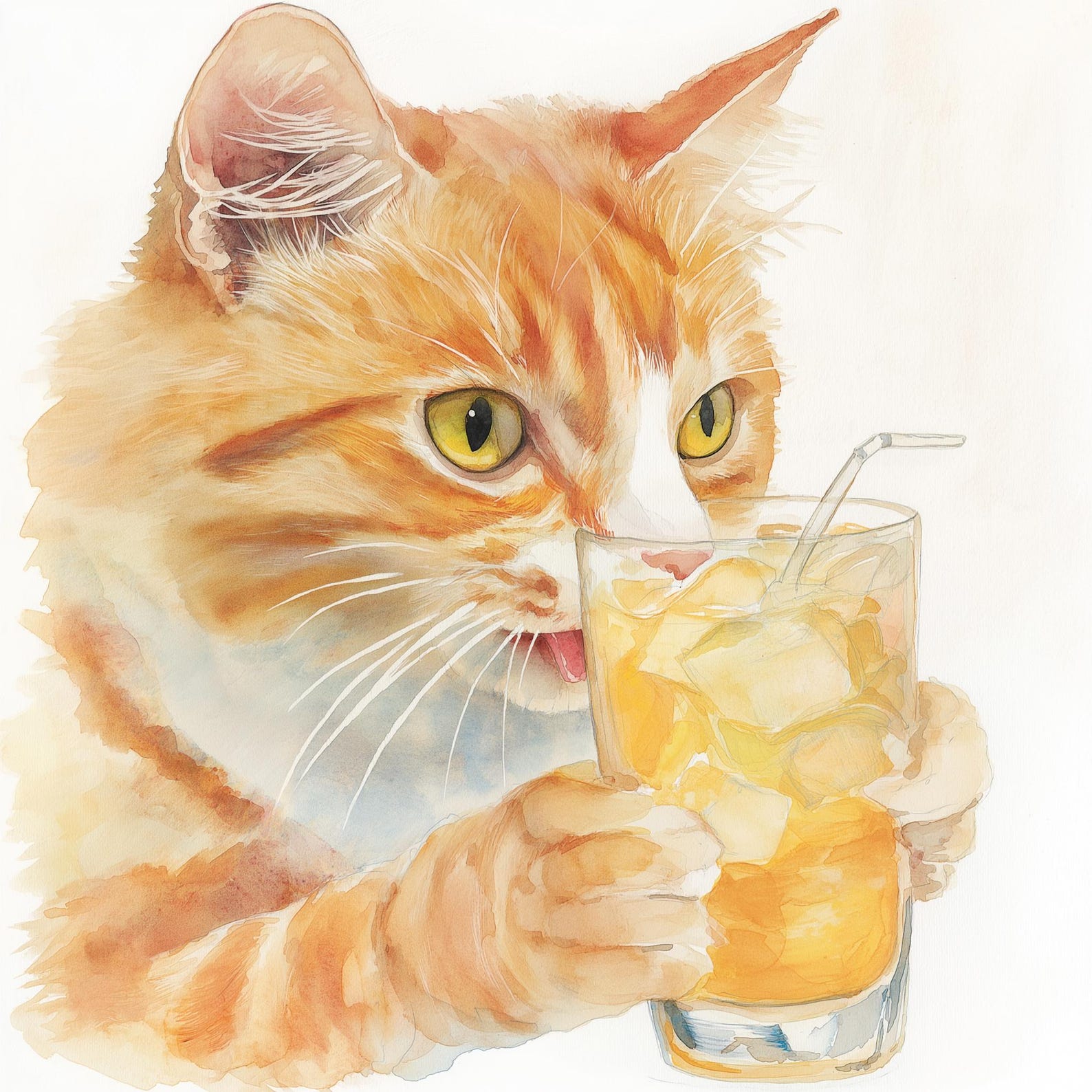 Orange Tabby Cat Drinking a Cocktail Watercolor Illustration for ...