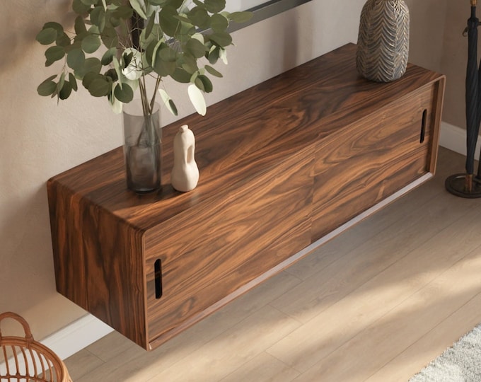 Mid-century Modern Floating Shoe Storage Cabinet With Sliding Doors ...