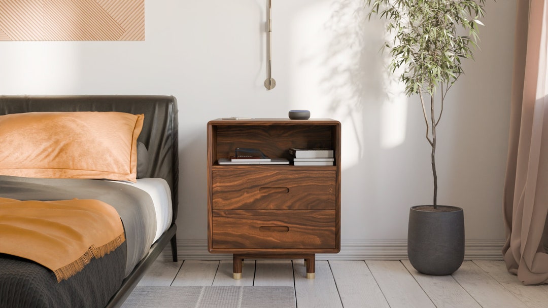 Solid Wood Nightstand With Wire Management - Two Drawers With Storage ...
