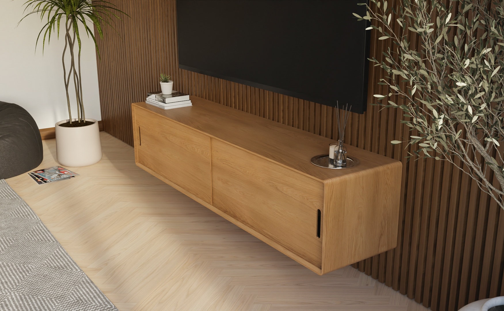 XL Floating Media Console With Sliding Doors - Mid-century Modern TV ...