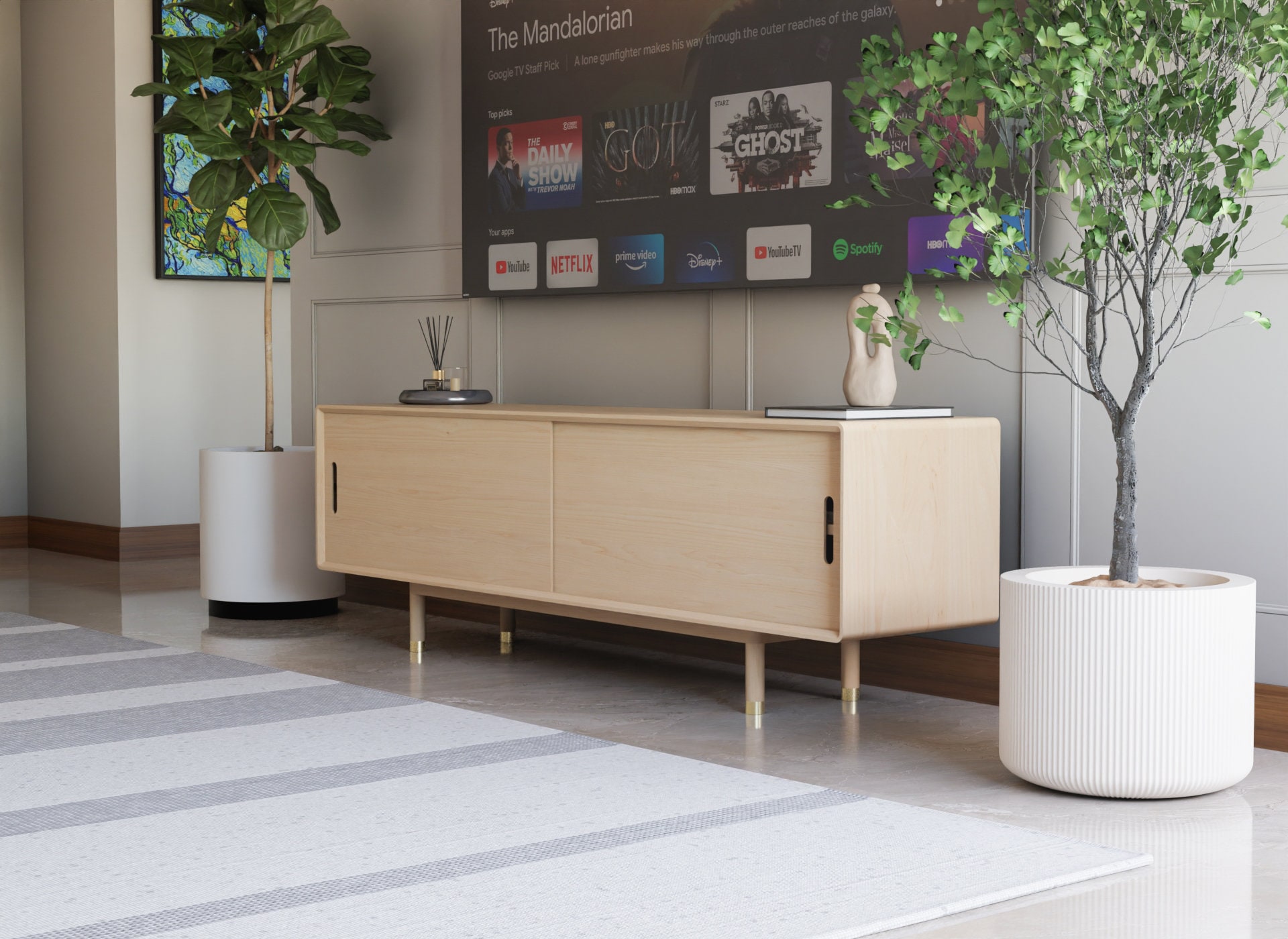 Mid-century Modern Media Console With Sliding Doors Entertainment ...