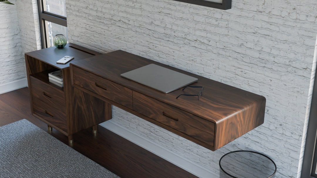 Solid Wood Floating Office Desk Mid Century Minimalist Style White Oak ...