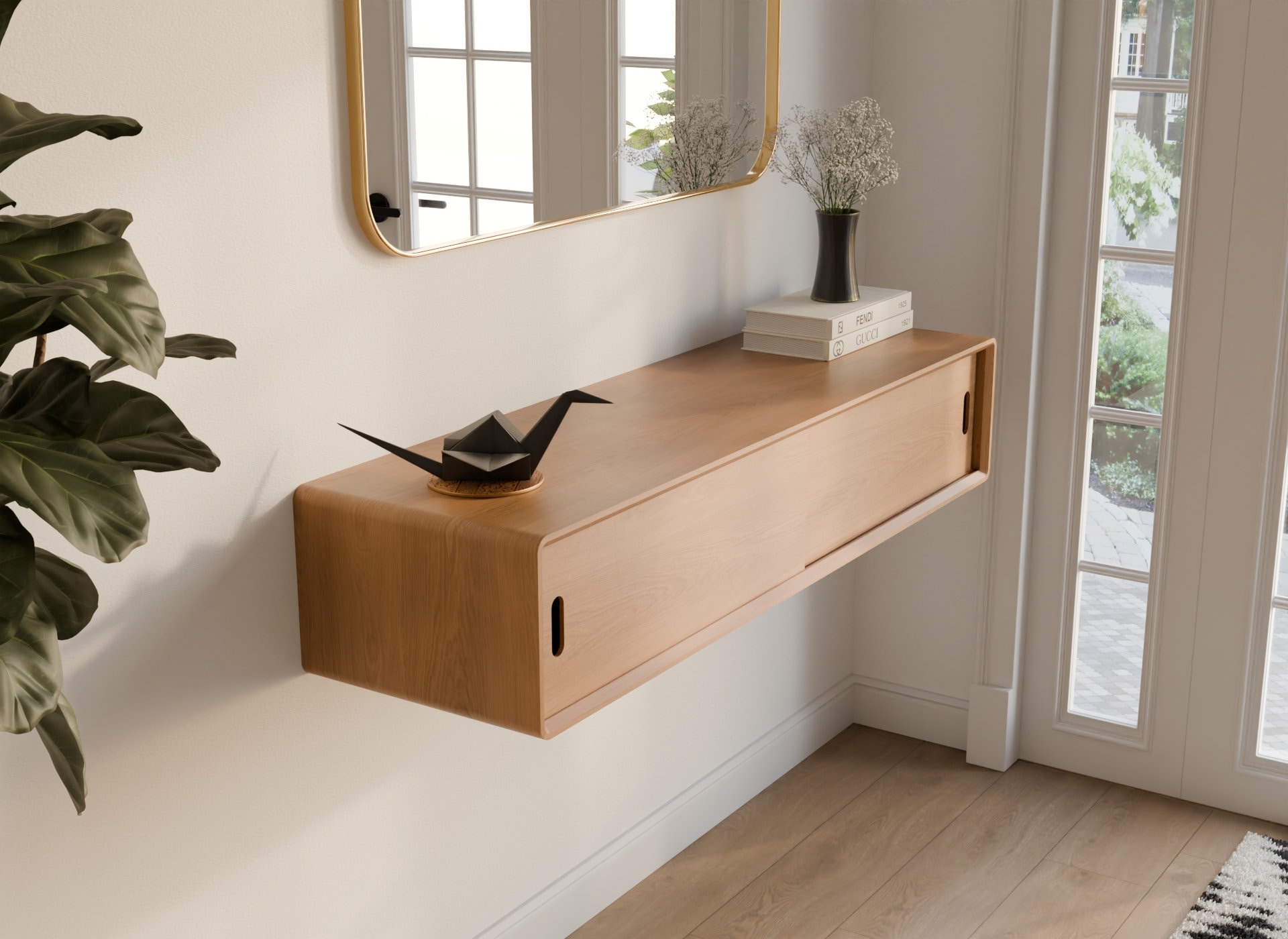 Floating Wall Storage Console Entryway Cabinet With Sliding Doors Handmade From Solid Walnut or White Oak. Made in the USA. Etsy