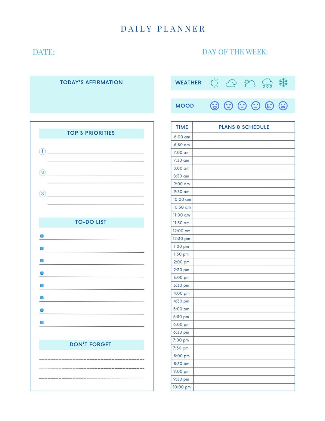 Blue Minimalist Personal Daily Planner - Etsy