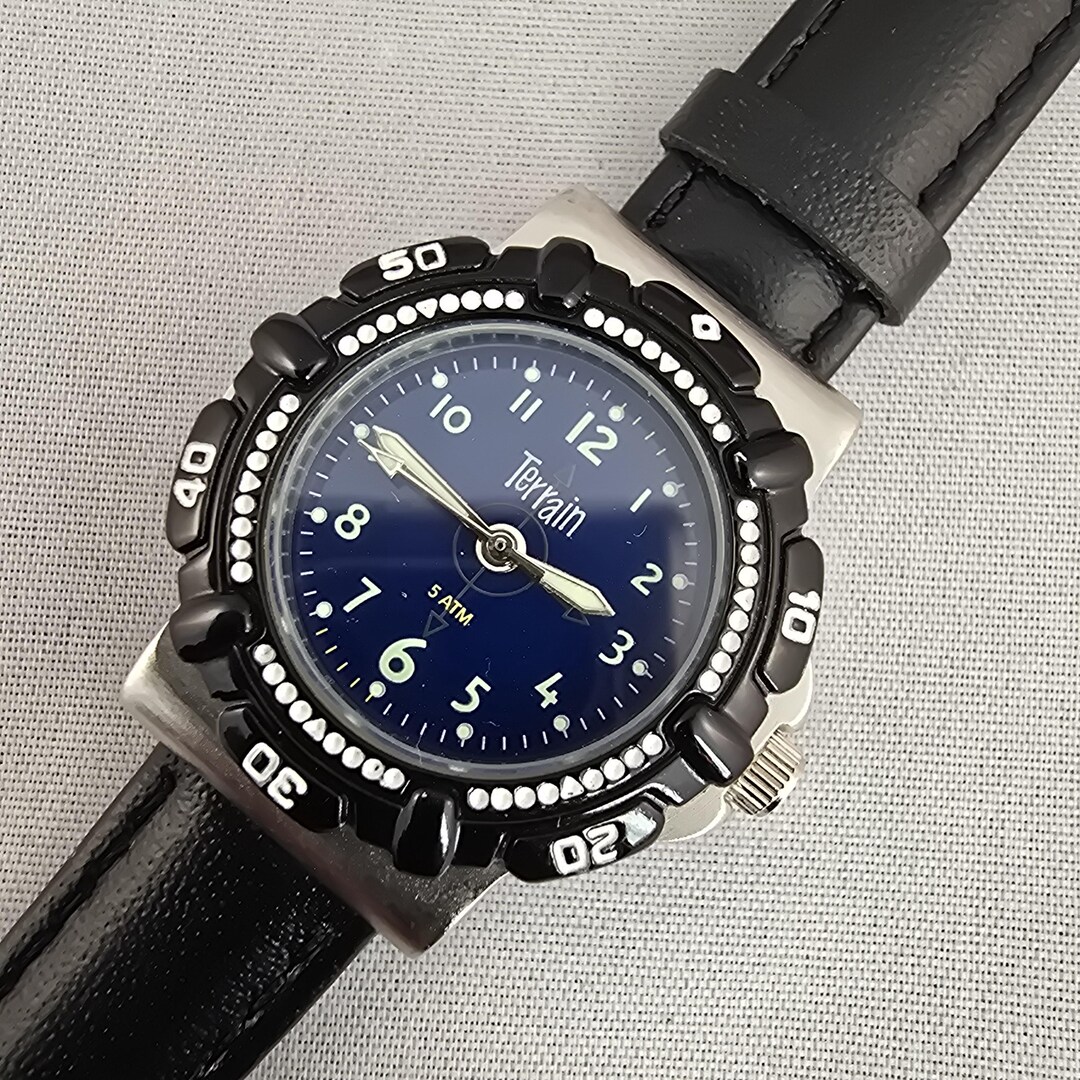 Terrain Ladies Dive Watch Blue Dial Black Leather Strap 5ATM Water ...