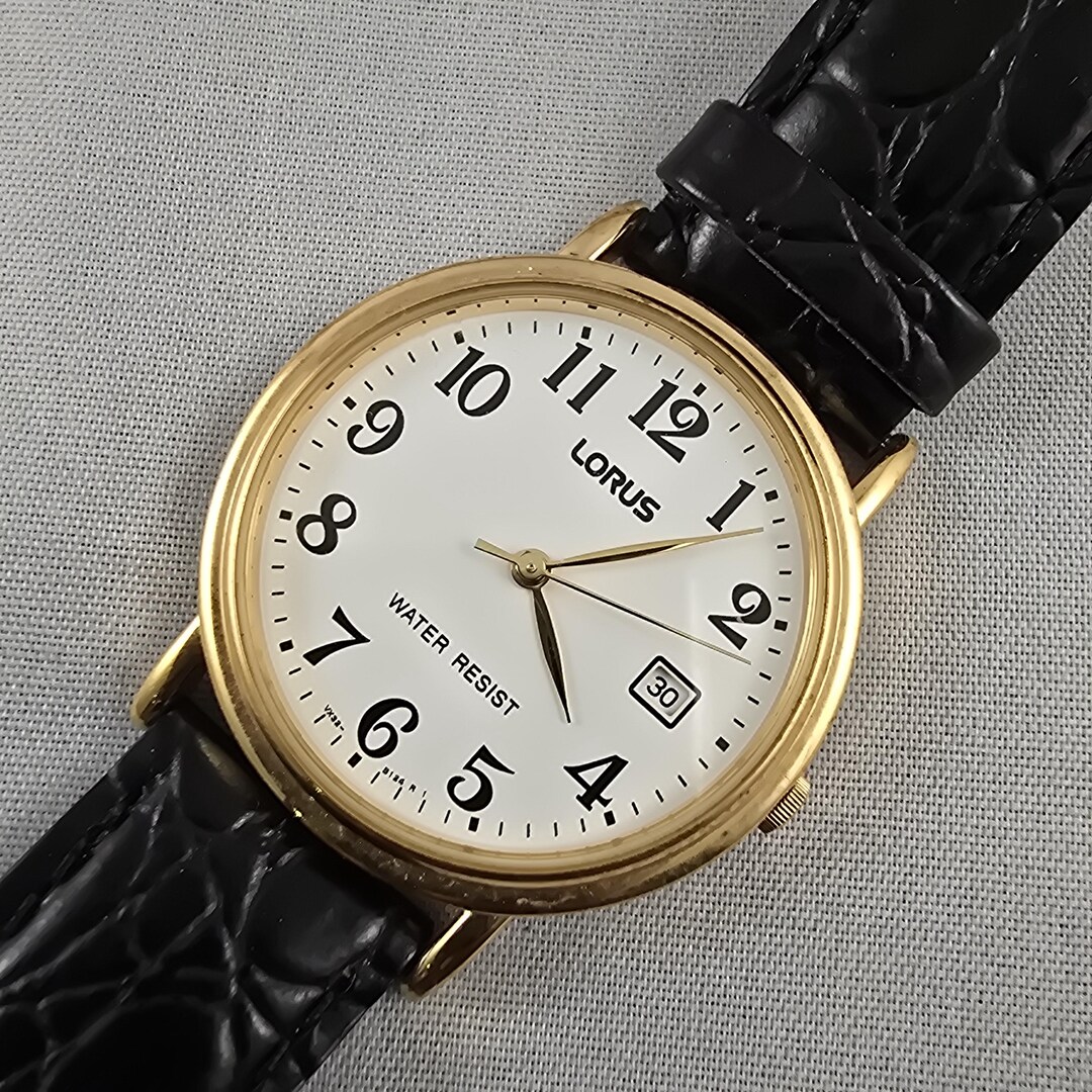 Vintage Lorus VX32-X193 Gold Men's Date Watch Black Leather Strap ...