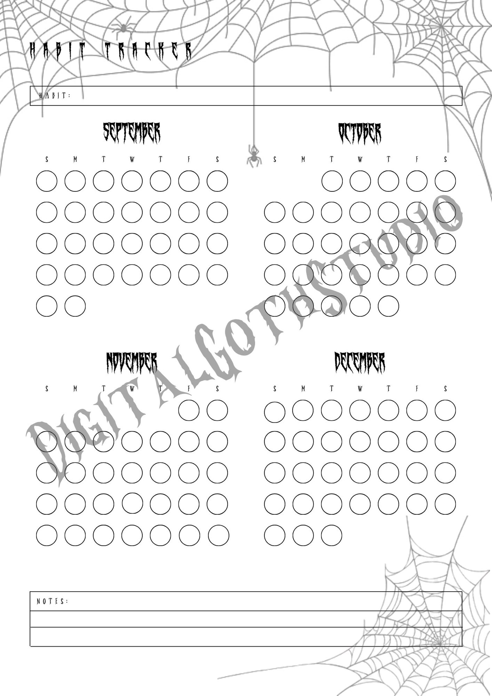 Spiders Tracker, Gothic Habit Tracker, Spooky Tracker, Habit Tracker ...