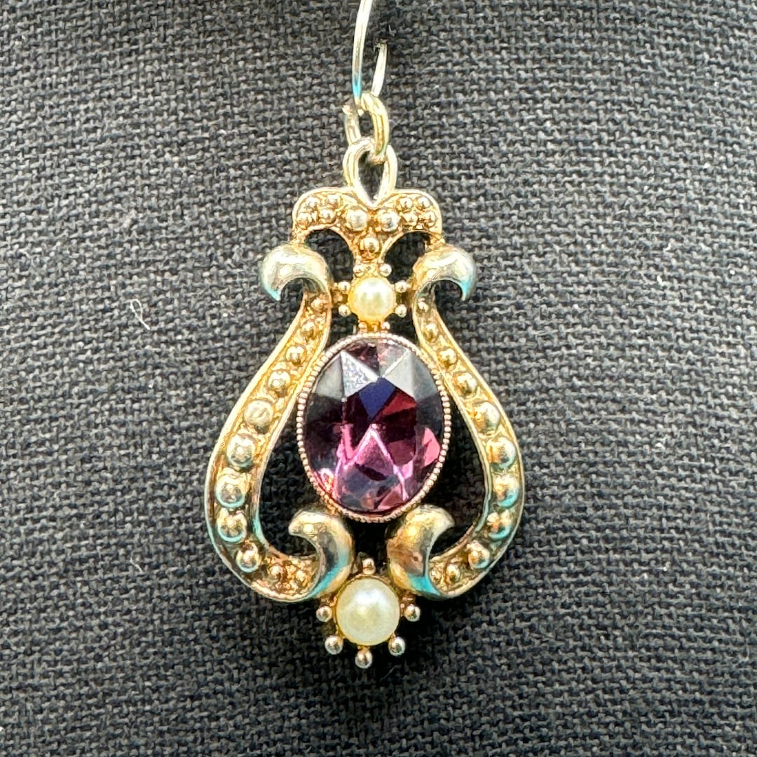 Vintage Avon 1974 Queensbury Pendant - Gold Tone, Faux Pearl and Purple ...