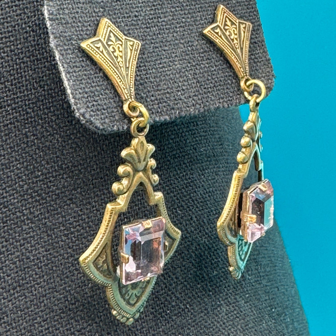 Vintage 1980's Banana Bob Antique Brass Drop Earrings With Lavender ...