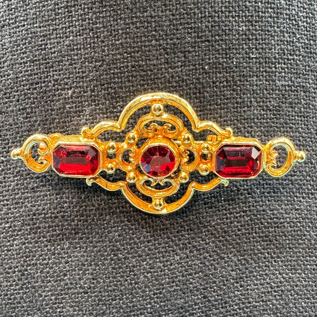 Vintage 1980's Edgar Berebi Filagree Gold Tone Bar Brooch Pin With Ruby ...