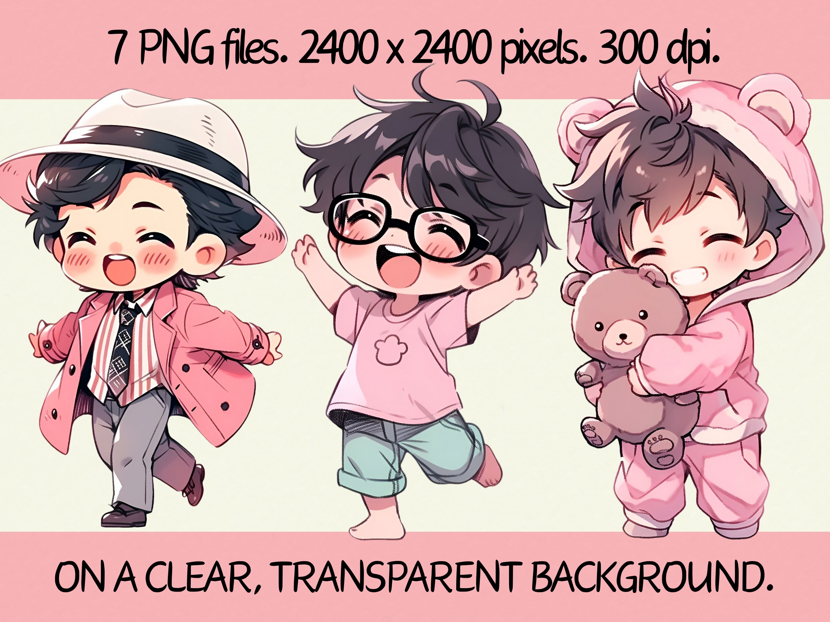 7 Cute Anime Chibi Boys in Pink Clipart Pack Commercial Use and ...