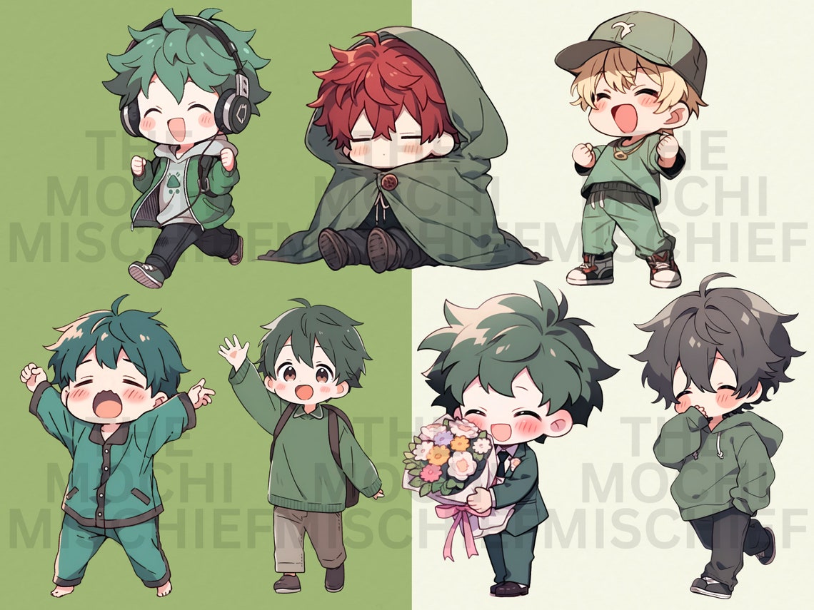7 Cute Anime Chibi Boys in Green Clipart Pack - Commercial Use and ...