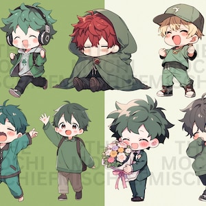 7 Cute Anime Chibi Boys in Green Clipart Pack - Commercial Use and ...