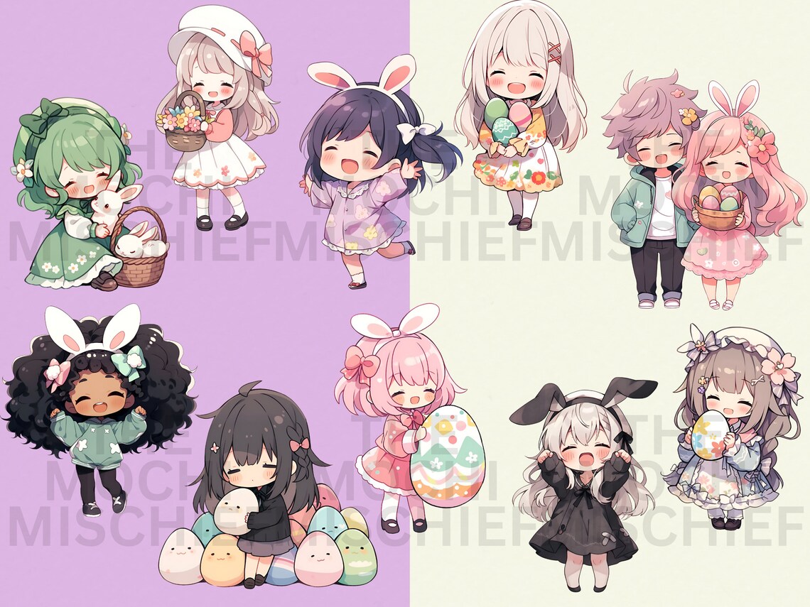 10 Kawaii Easter Chibi Clipart Bundle Cute Colorful Spring Chibi ...