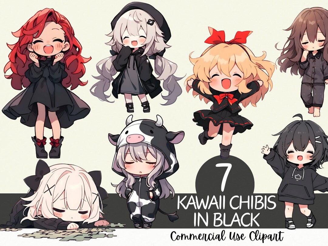 7 Adorable Kawaii Chibis in Black Clipart Bundle Commercial Use and ...
