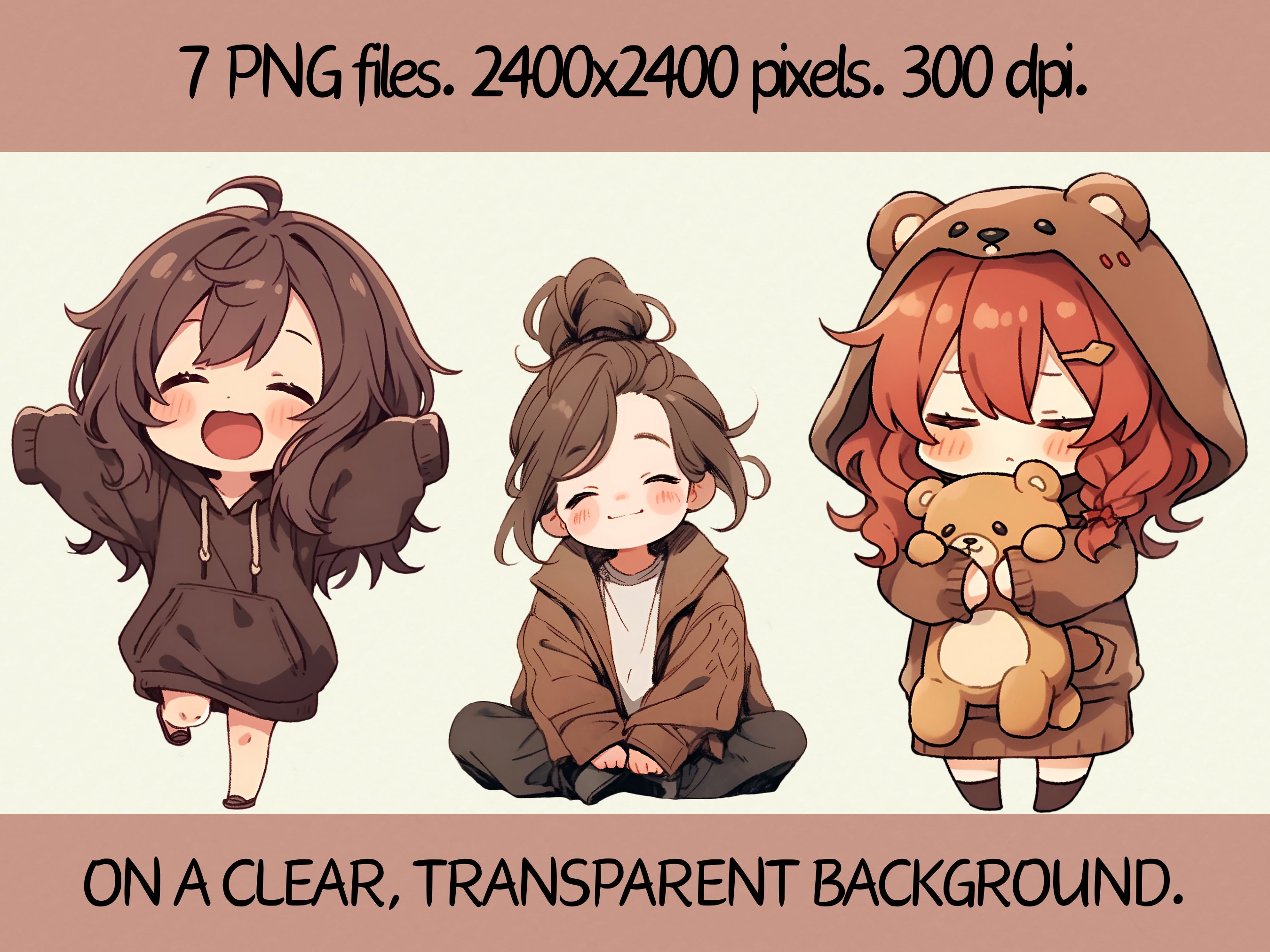 7 Adorable Kawaii Chibis in Brown Clipart Bundle - Commercial Use ...