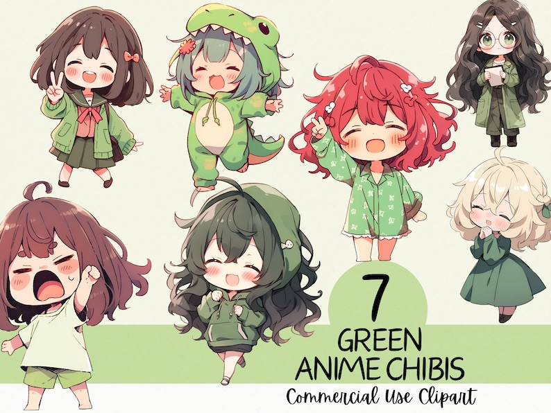 7 Adorable Kawaii Green Chibi Clipart Bundle - Commercial Use and ...