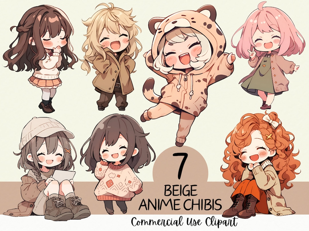 7 Adorable Kawaii Beige Chibis Clipart Bundle - Commercial Use and Transparent Background PNG ...