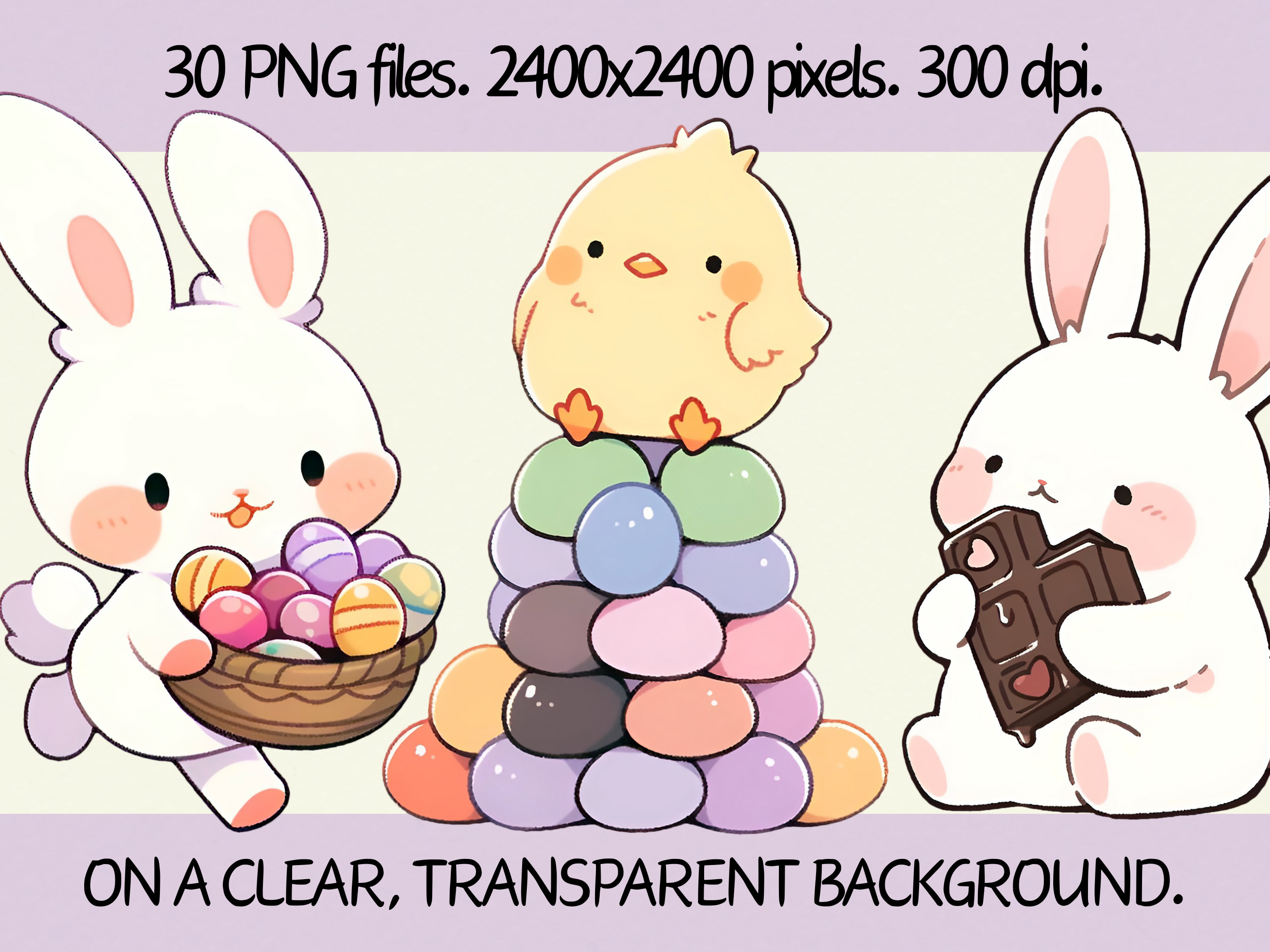 30 Kawaii Easter Clipart Bundle Cute Colorful Bunny, Chicken, Basket ...