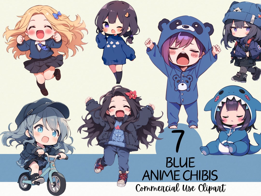 Kawaii Blue Chibi Clipart Bundle: Transparent PNG, Commercial Use ...