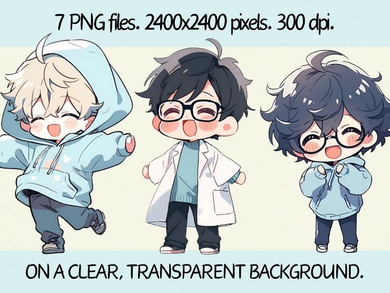 Cute Chibi Boys in Cyan Clipart Pack - Adorable Nursery Decor | Kawaii ...