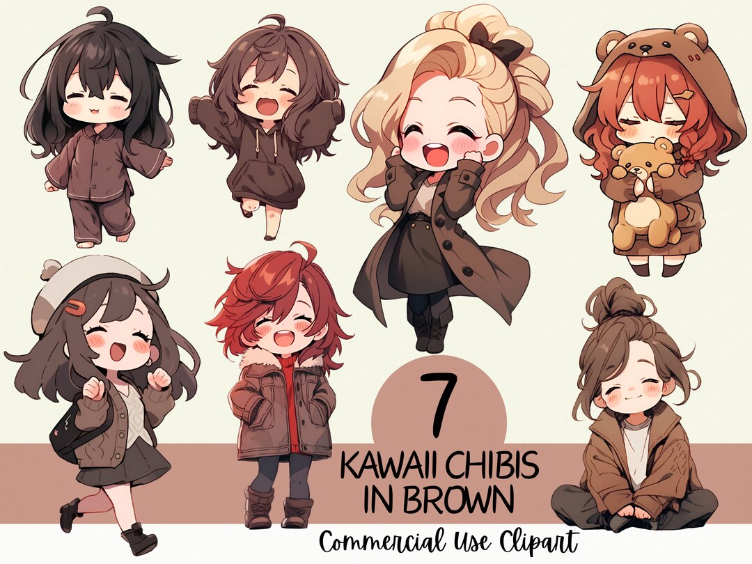 7 Adorable Kawaii Chibis in Brown Clipart Bundle - Commercial Use ...