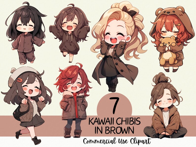 7 Adorable Kawaii Chibis in Brown Clipart Bundle - Commercial Use ...