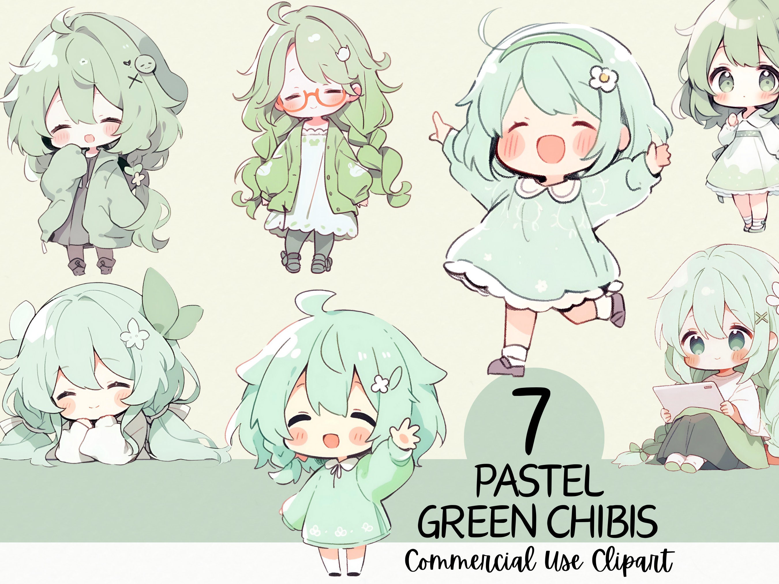7 Adorable Kawaii Pastel Green Chibi Cliparts - Commercial Use and ...