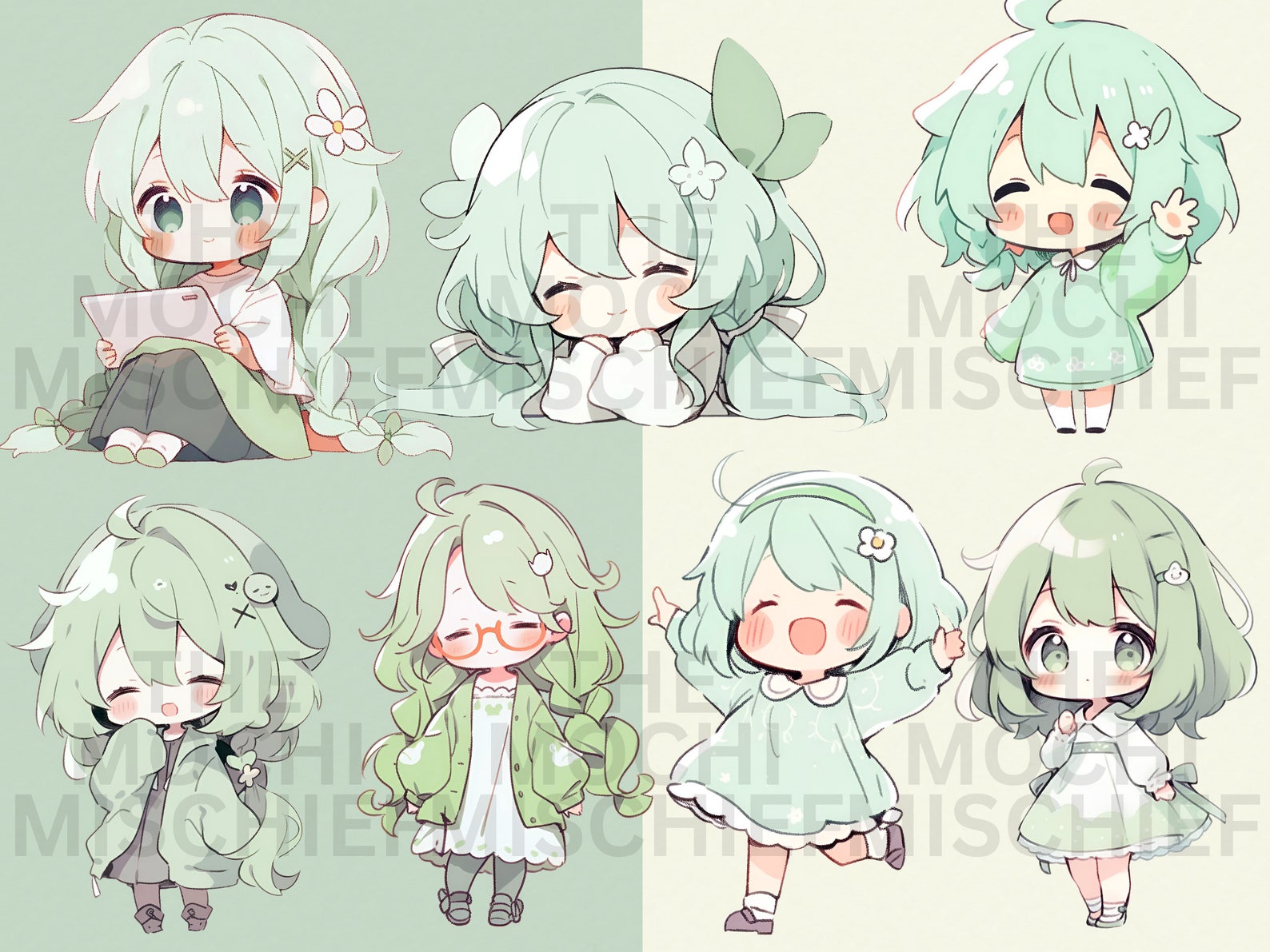 7 Adorable Kawaii Pastel Green Chibi Cliparts - Commercial Use and ...