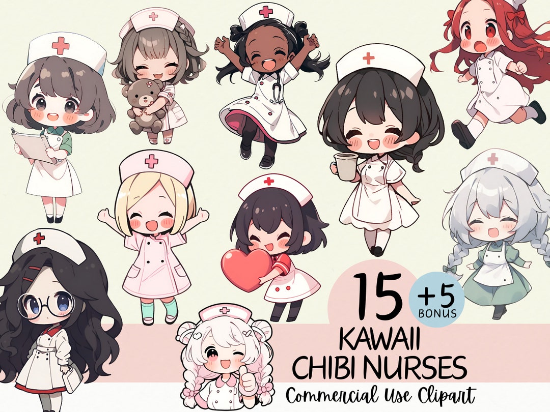 15 Kawaii Chibi Nurses Clipart Bundle Commercial Use and Transparent ...