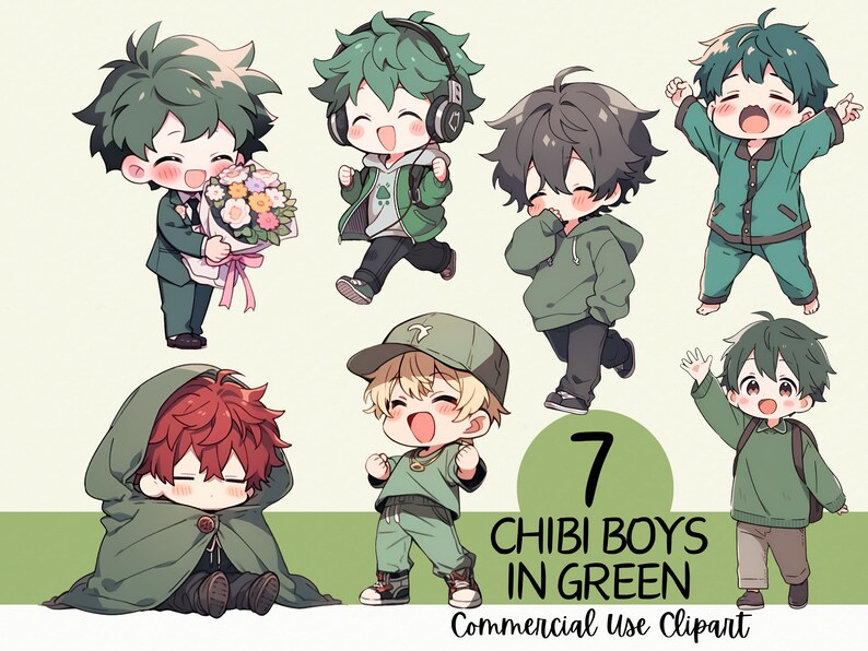 7 Cute Anime Chibi Boys in Green Clipart Pack - Commercial Use and ...