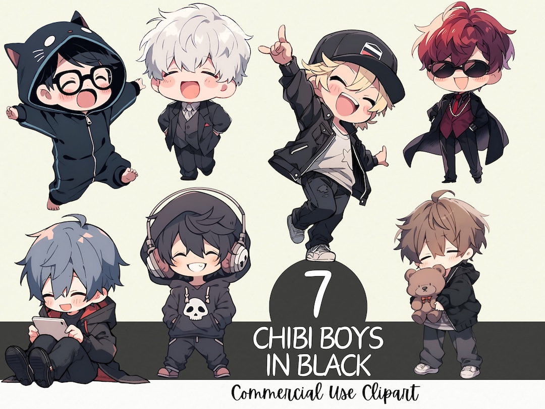 7 Cute Anime Chibi Boys in Black Clipart Pack - Commercial Use and ...