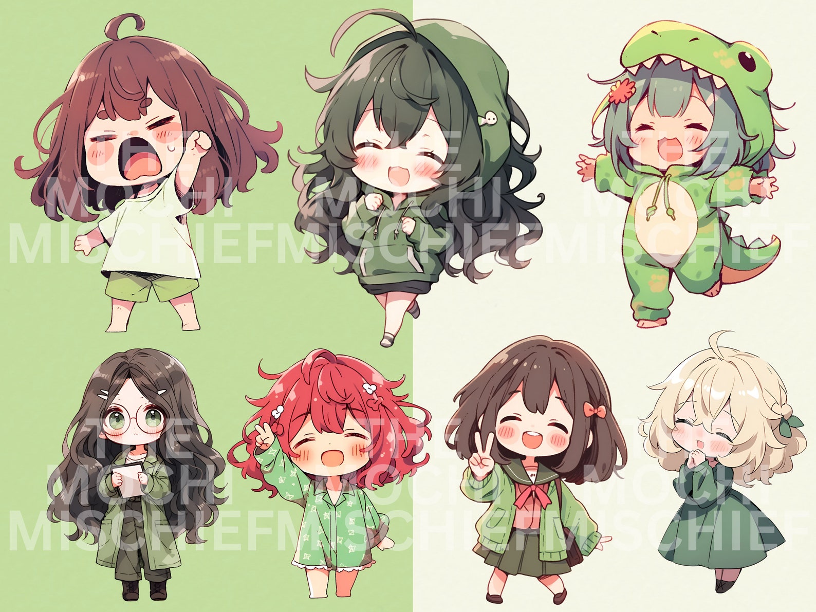 7 Adorable Kawaii Green Chibi Clipart Bundle - Commercial Use and ...