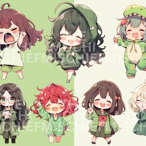 7 Adorable Kawaii Green Chibi Clipart Bundle - Commercial Use and ...