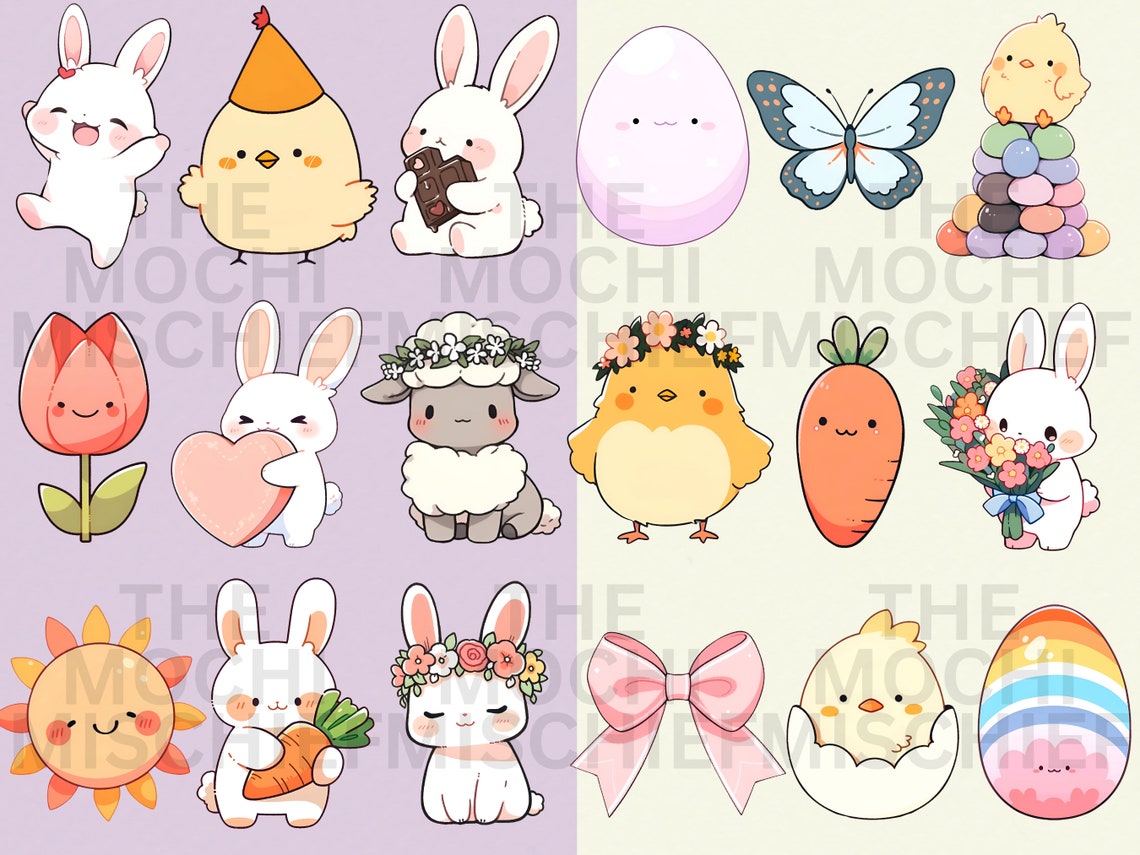 30 Kawaii Easter Clipart Bundle Cute Colorful Bunny, Chicken, Basket ...