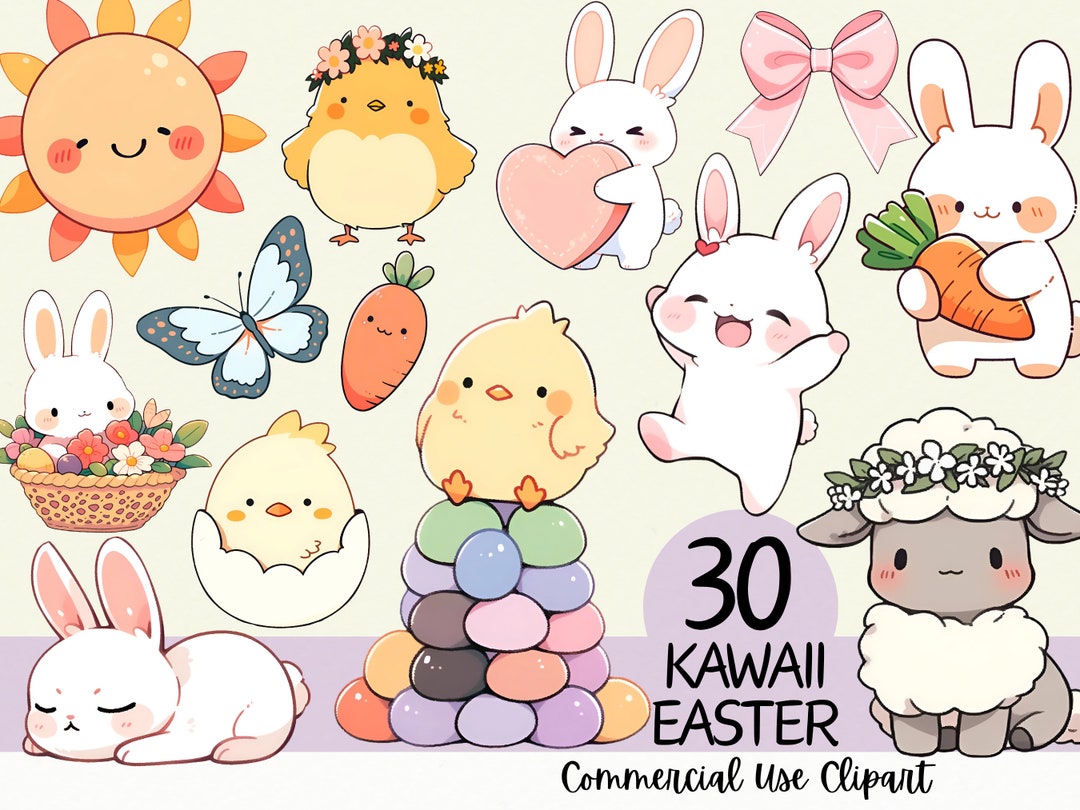 30 Kawaii Easter Clipart Bundle | Cute Colorful Bunny, Chicken, Basket ...