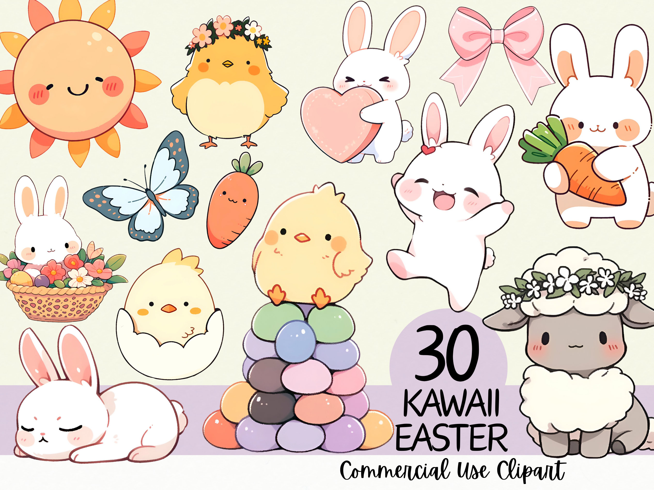 30 Kawaii Easter Clipart Bundle | Cute Colorful Bunny, Chicken, Basket ...
