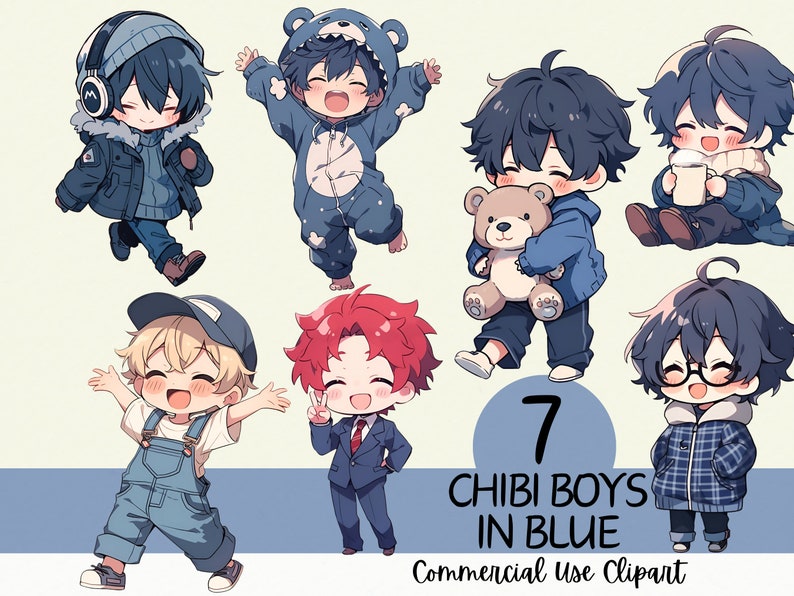 Blue Chibi Clipart - Adorable Nursery Decor | Kawaii Anime Boys ...