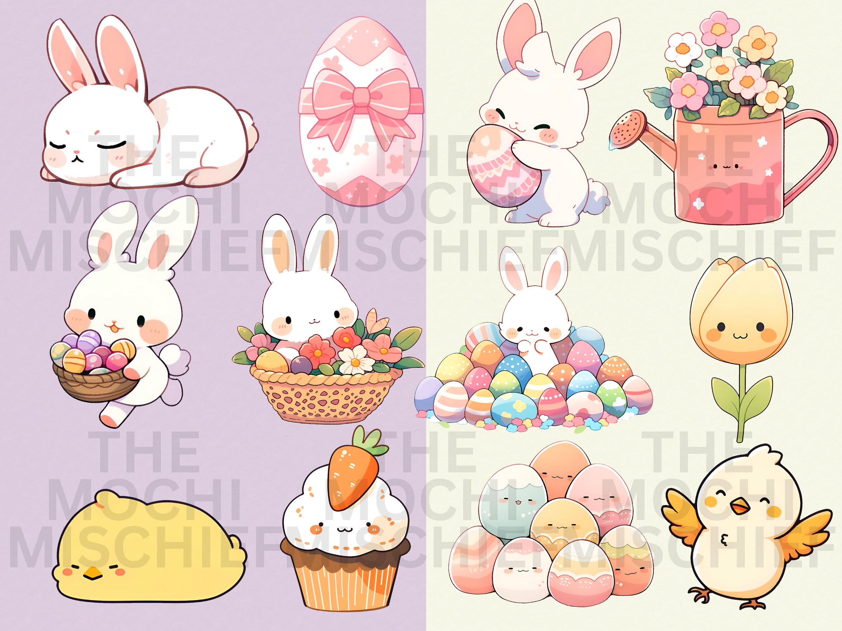 30 Kawaii Easter Clipart Bundle Cute Colorful Bunny, Chicken, Basket ...