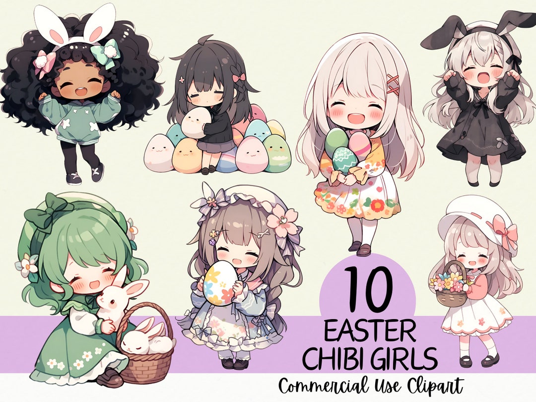 10 Kawaii Easter Chibi Clipart Bundle | Cute Colorful Spring Chibi ...