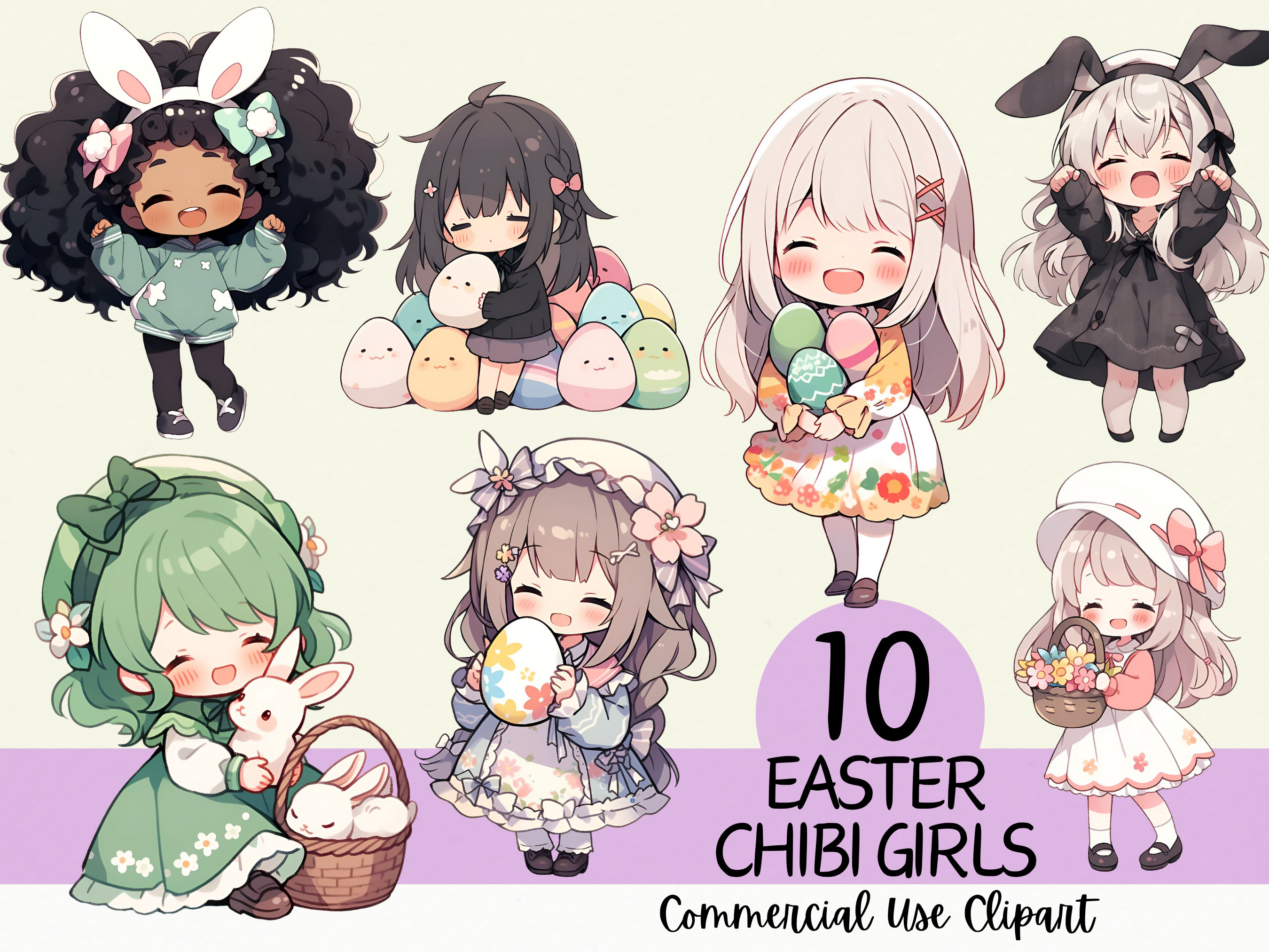10 Kawaii Easter Chibi Clipart Bundle Cute Colorful Spring Chibi ...
