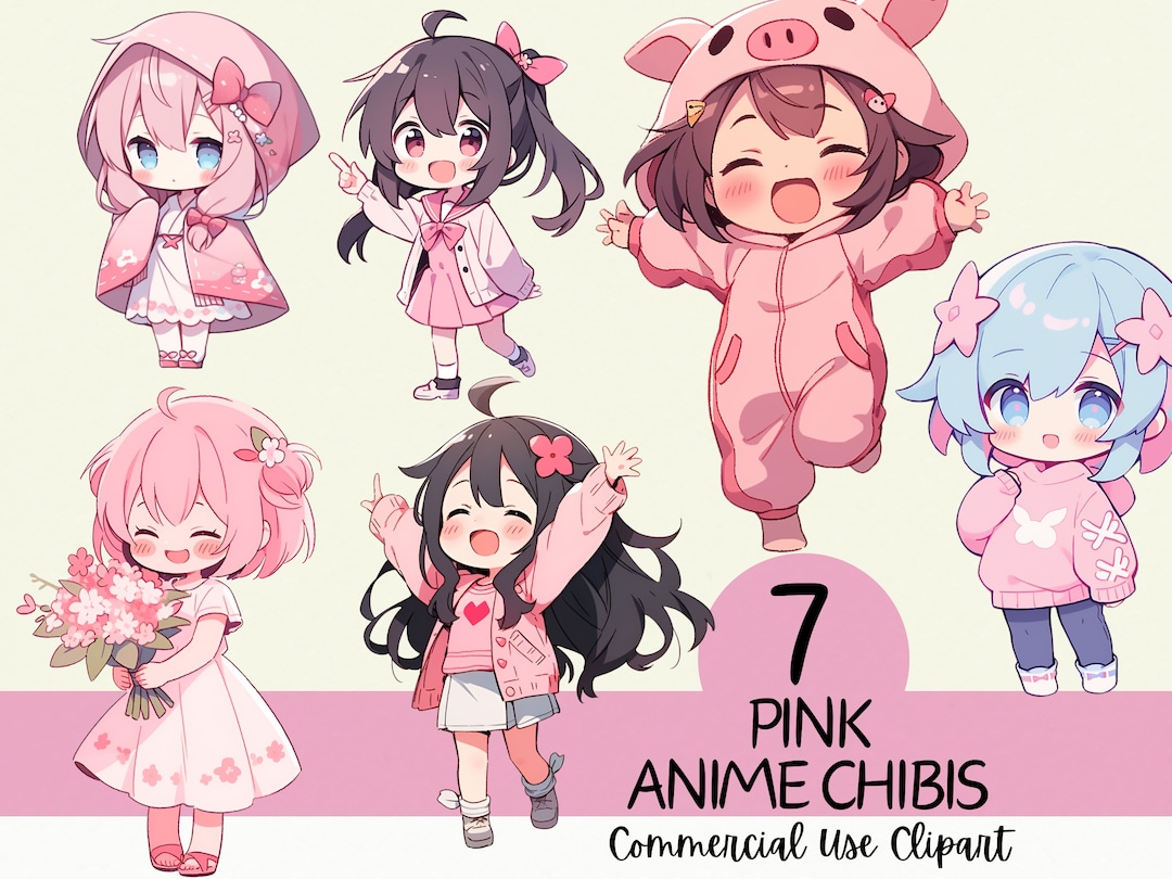 7 Adorable Kawaii Pink Chibi Clipart Bundle - Commercial Use and ...