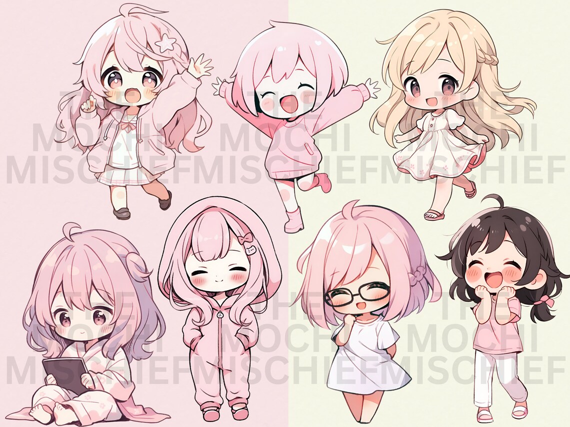 7 Pastel Pink Kawaii Chibi Clipart: Scrapbook PNG (digital Download) - Etsy