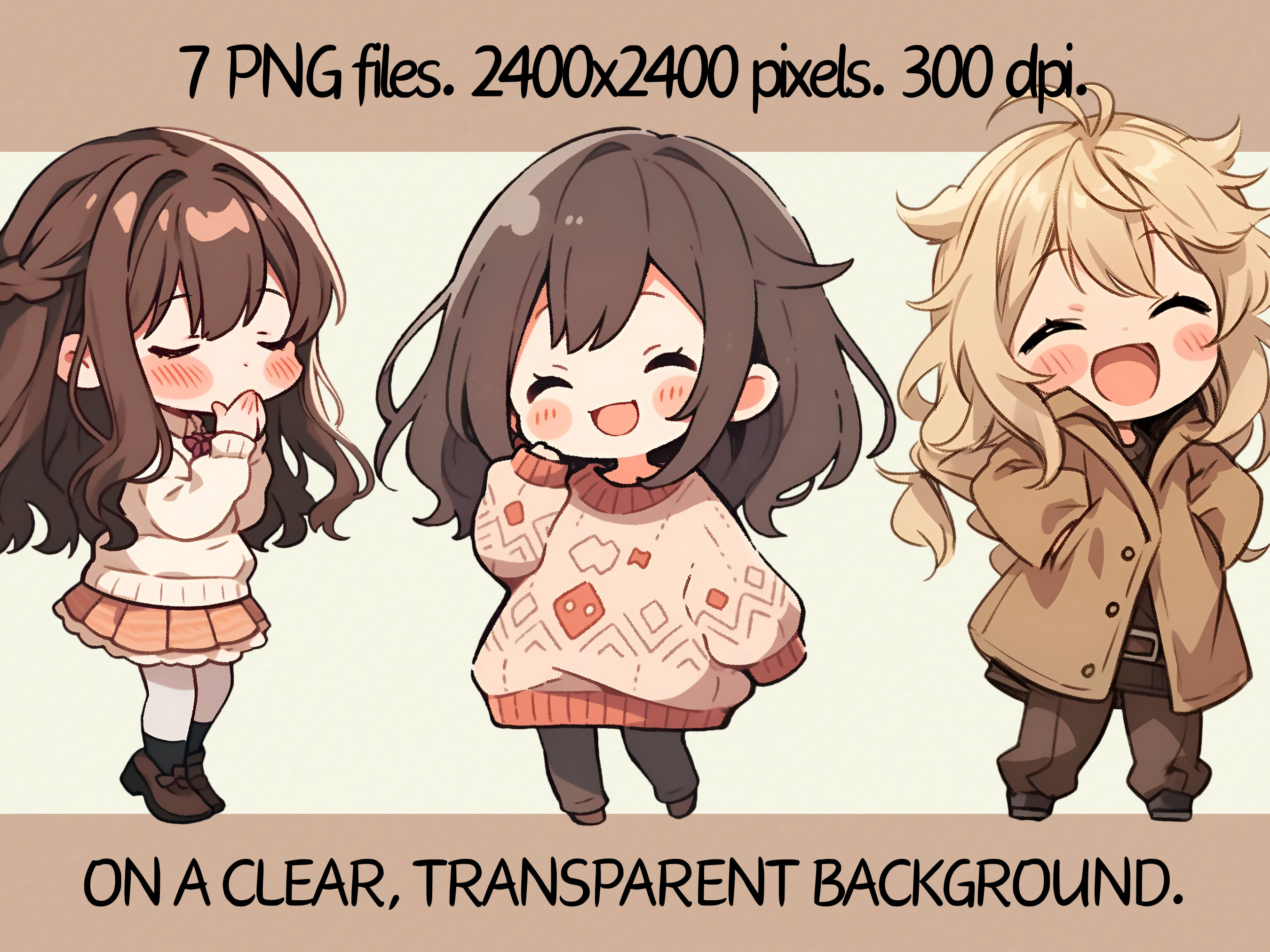 7 Adorable Kawaii Beige Chibis Clipart Bundle Commercial Use and ...