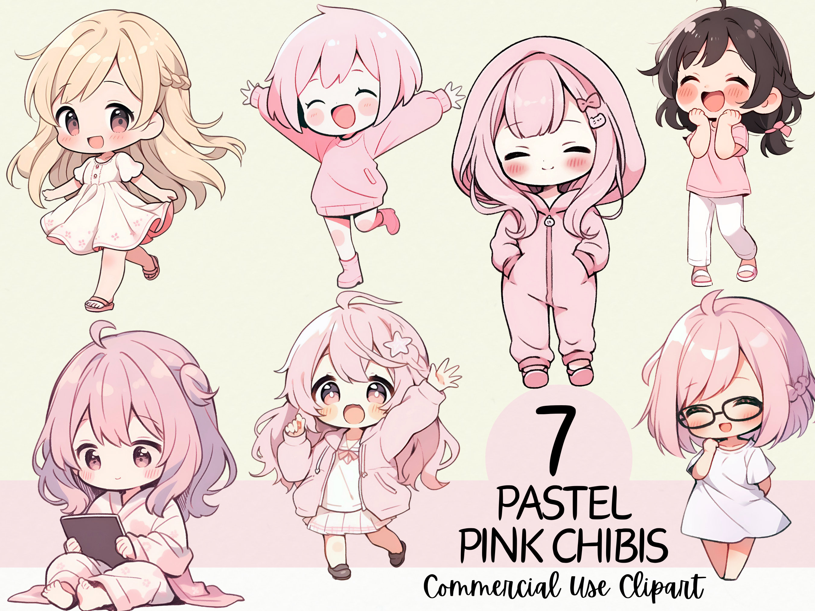 7 Adorable Kawaii Pastel Pink Chibi Clipart - Commercial Use and ...
